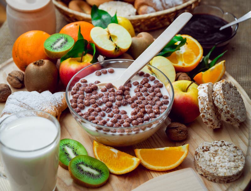 Beautiful Breakfast. Milk Fruits, Bread and Croissant Stock Photo ...