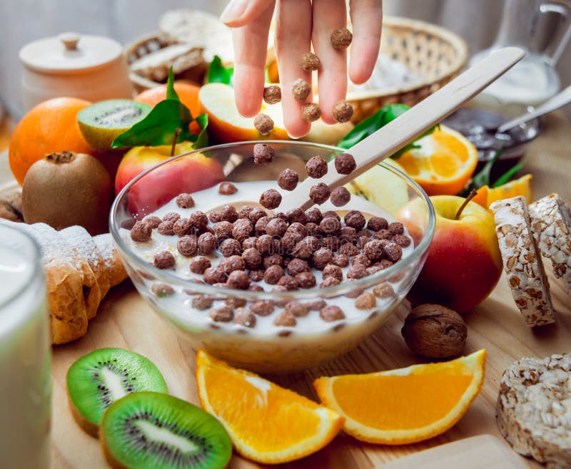 Beautiful Breakfast. Milk Fruits, Bread and Croissant Stock Image ...