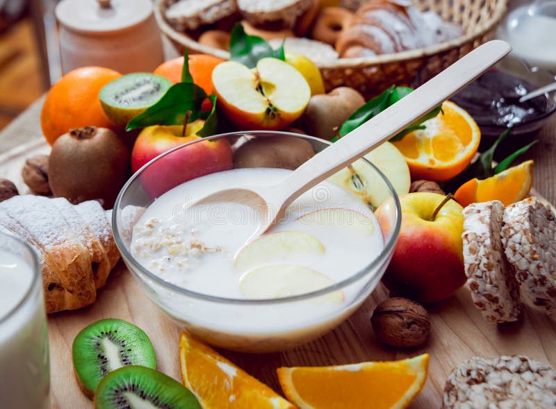 Beautiful Breakfast. Milk,fruits, Bread Stock Photo - Image of ...