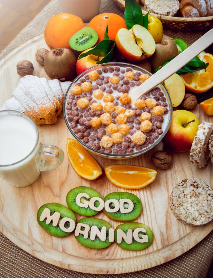 Beautiful Breakfast. Milk,fruits, Bread Stock Image - Image of ...