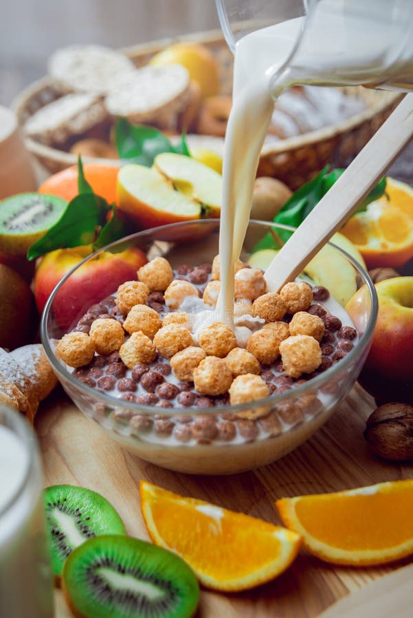 Beautiful Breakfast. Milk,fruits, Bread Stock Photo - Image of cereal ...
