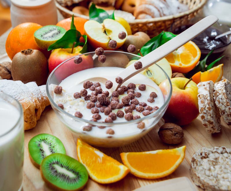 Beautiful Breakfast. Milk,fruits, Bread Stock Photo - Image of meal ...