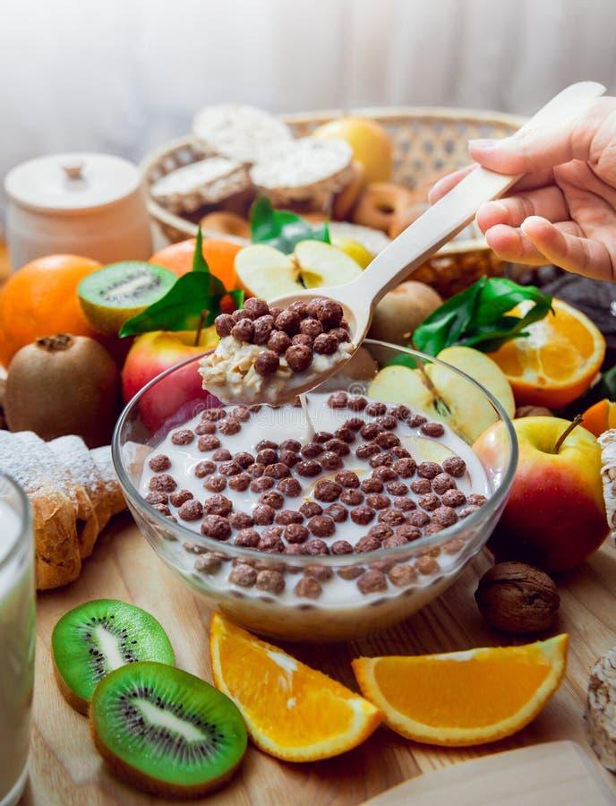 Beautiful Breakfast. Milk,fruits, Bread Stock Photo - Image of cream ...