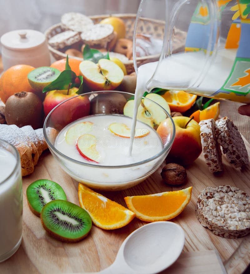 Beautiful Breakfast. Milk,fruits, Bread Stock Photo - Image of fiber ...