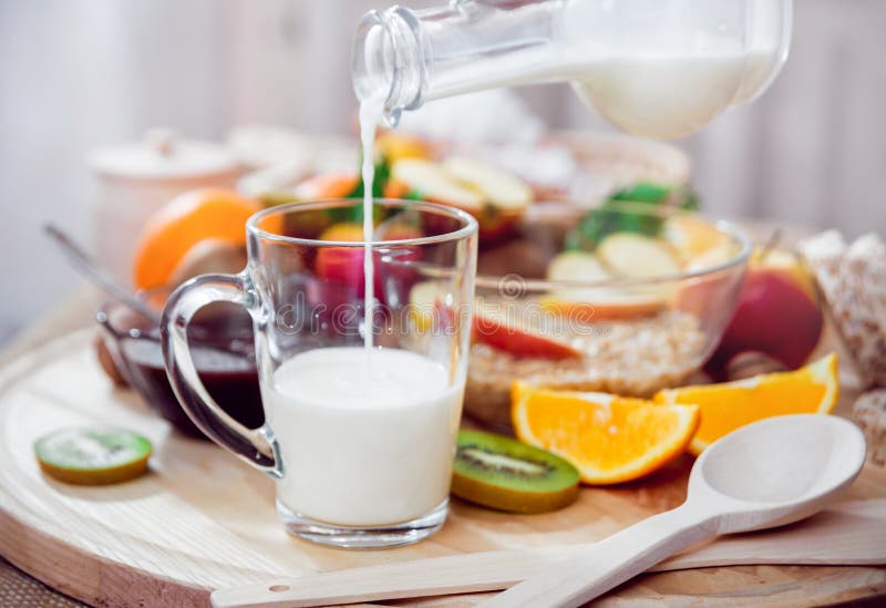 Beautiful Breakfast. Milk,fruits, Bread Stock Image - Image of dairy ...