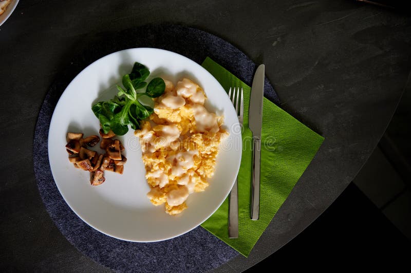 Beautiful Breakfast in a White Plate on a Black Table Stock Image ...