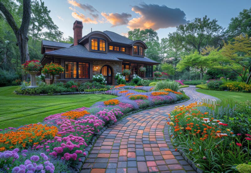 Beautiful Brick Home and Garden at Sunset with Paved Brick Walkway ...