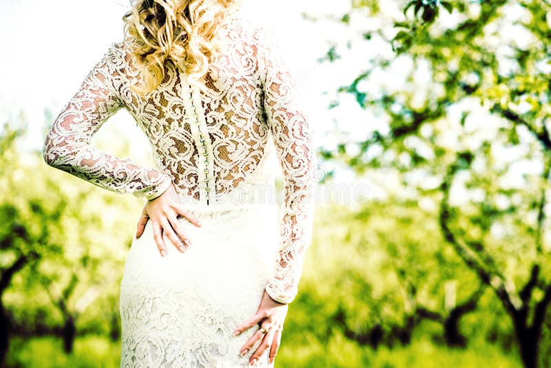 Beautiful Bride Outdoor in the Park, Back View Stock Photo - Image of ...