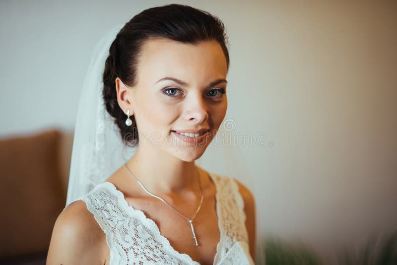 Beautiful Bride Portrait in Interior Stock Photo - Image of flowers ...
