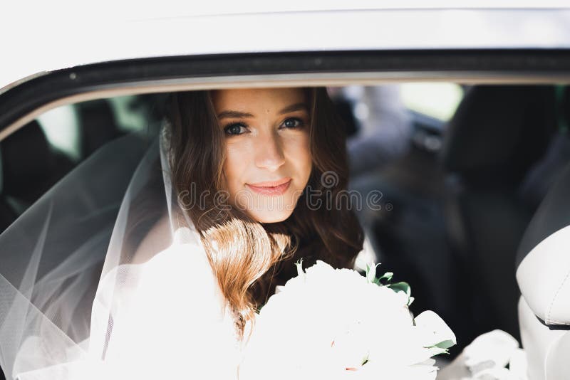 Beautiful Bride Sitting in the Luxury Retro Car on Wedding Day Stock ...