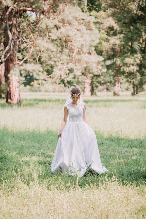 Beautiful Bride Walking in a Meadow Stock Photo - Image of female ...