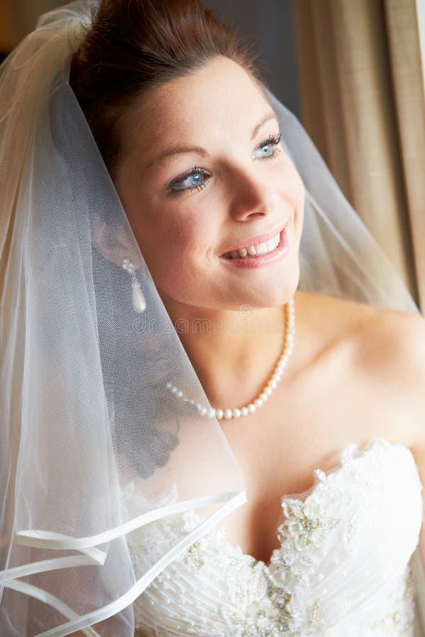 Beautiful Bride Wearing Wedding Dress Stock Photo - Image of smiling ...