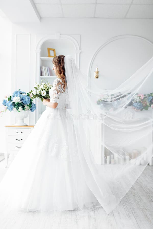 Beautiful Bride in a Wedding Dress with Lace, Posing in the Studio ...