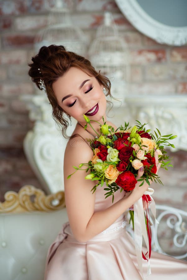 Beautiful Bride in a White Studio Stock Image - Image of brunette ...