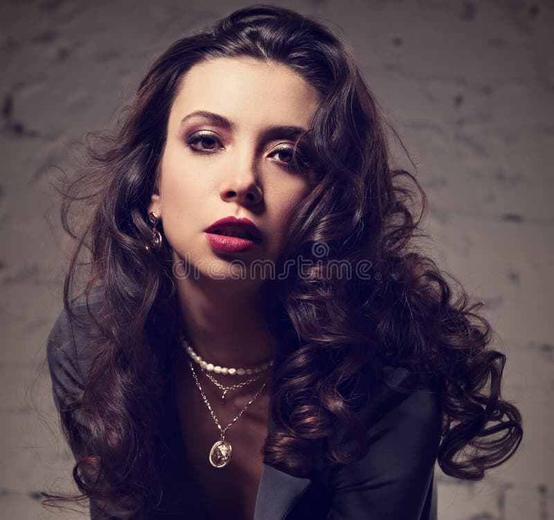 Beautiful Bright Makeup Woman Long Black Curly Hair Style Burgundy