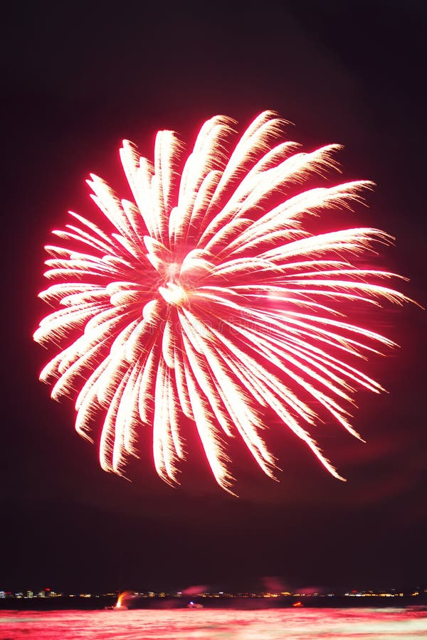 Beautiful Bright Fireworks Over the Ocean. Stock Image - Image of water ...