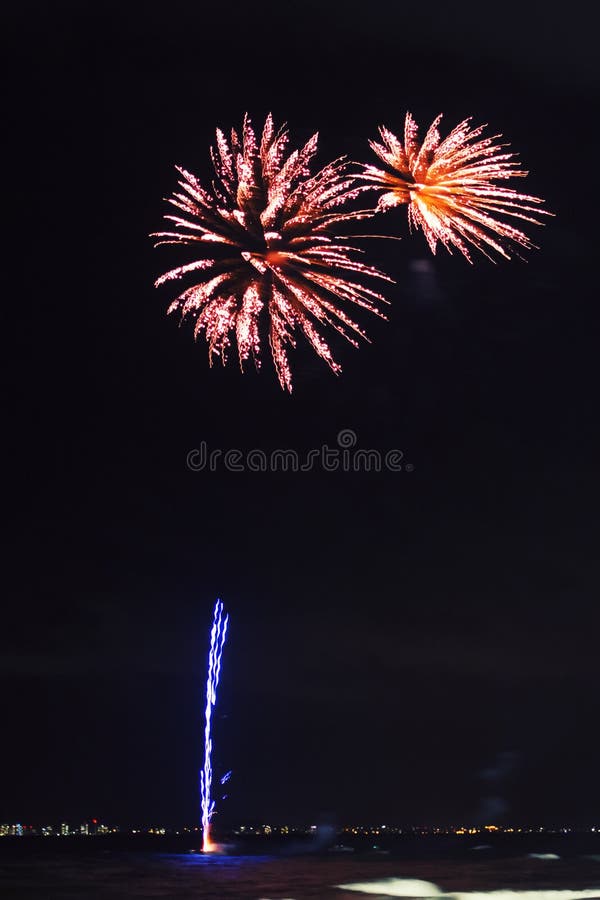 Beautiful Bright Fireworks Over the Ocean. Stock Image - Image of ...