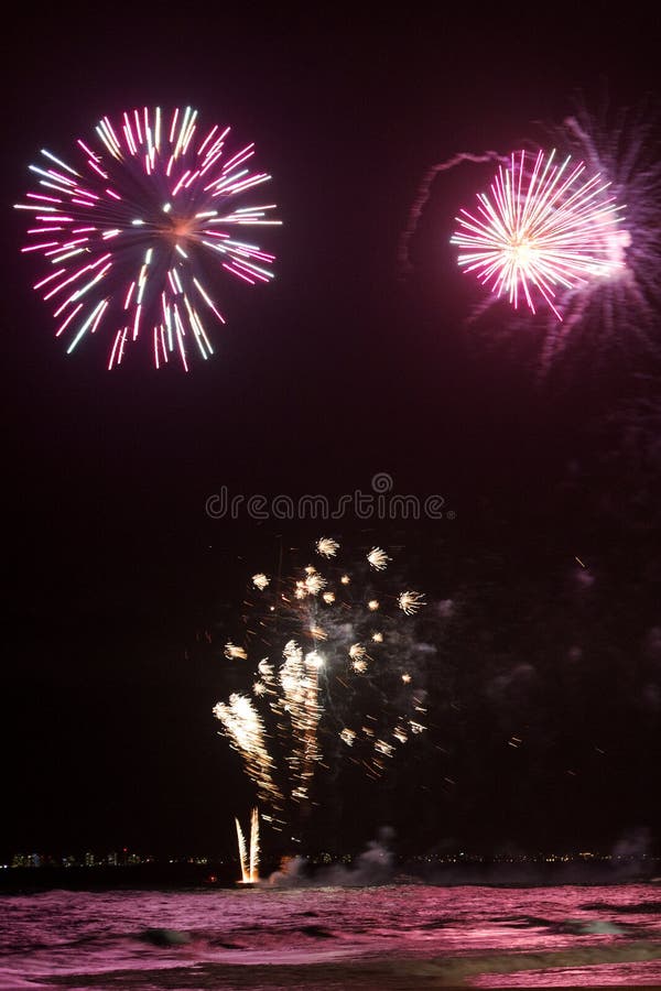 Beautiful Bright Fireworks Over the Ocean. Stock Photo - Image of party ...