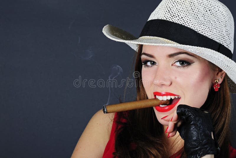 Beautiful Bright Girl with Cigar Stock Photo - Image of mood, pomade ...