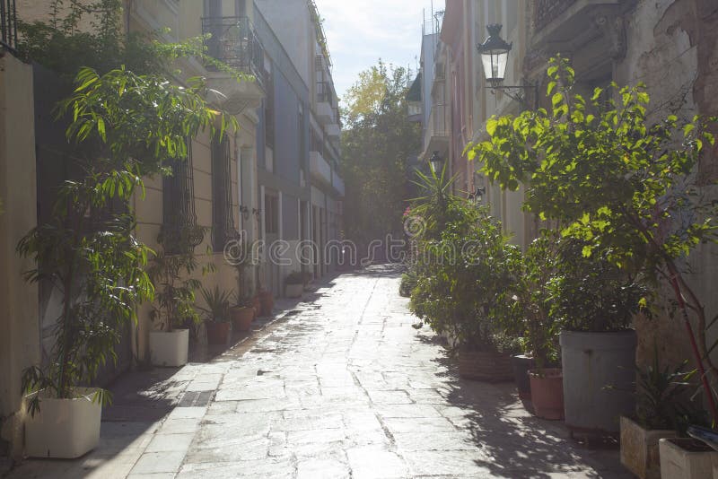 Beautiful Bright Houses and Flowerpots in Athens Stock Photo - Image of ...