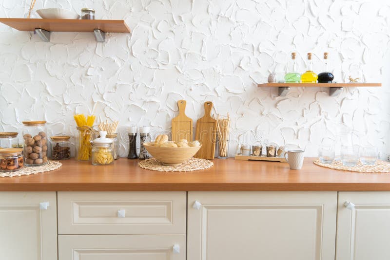 Beautiful Bright Kitchen with Oak Countertops. Stock Image - Image of ...