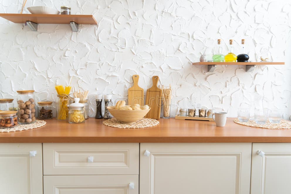 Beautiful Bright Kitchen with Oak Countertops. Stock Image - Image of ...
