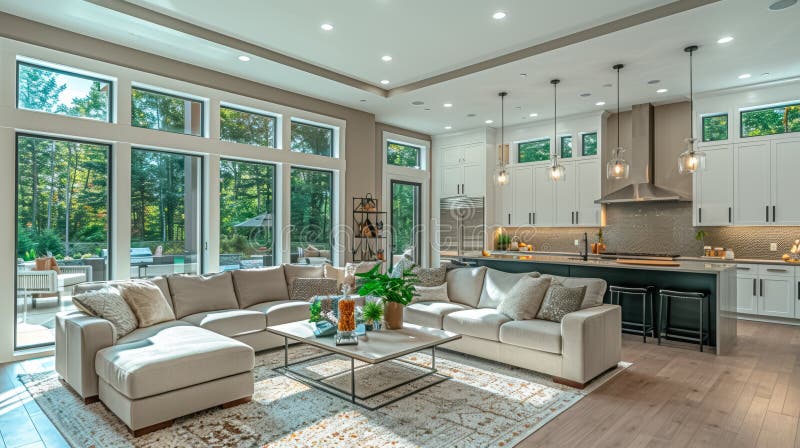 Beautiful and Bright Open Concept Living Room Stock Illustration ...