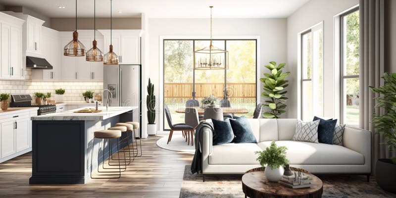 Beautiful and Bright Open Concept Living Room. Generative AI Stock ...