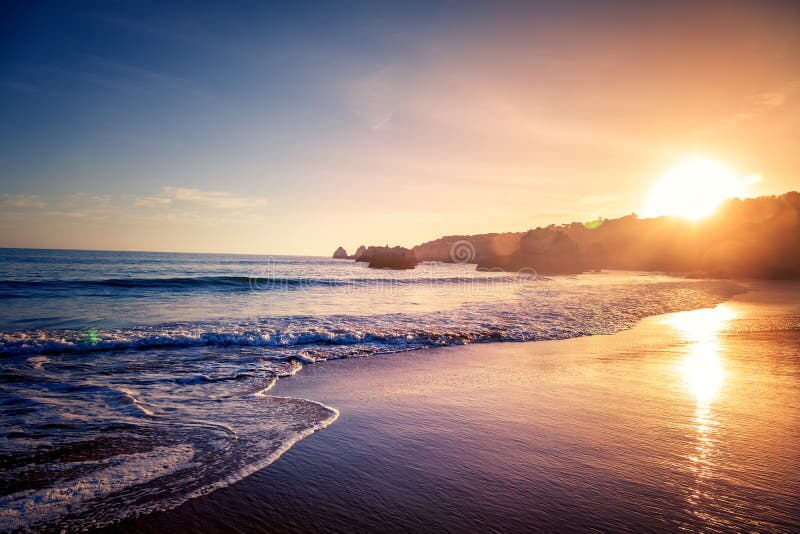 Beautiful Bright Purple Purple Sunset on the Ocean, Sandy Beach, Waves ... Beautiful Bright Purple Purple Sunset on the Ocean, Sandy Beach, Waves ...