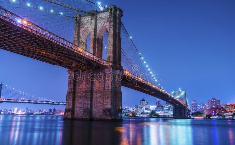 Beautiful Brooklyn Bridge at Night with Reflection in Water Stock Photo ...