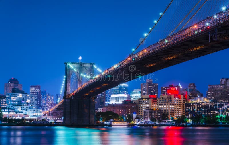 Beautiful Brooklyn Bridge at Night with Reflection in Water Editorial ...
