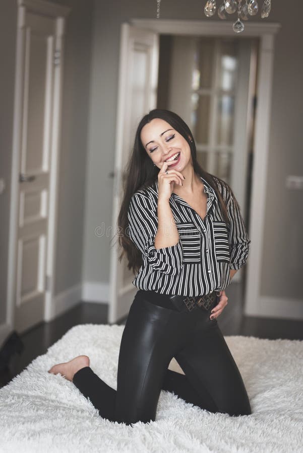 Beautiful Brunette Girl On Bed In Seductive Pose Stock Image Image