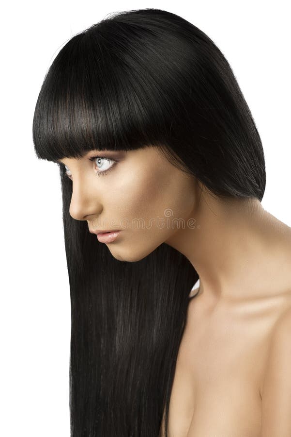 Beautiful Brunette Girl with Fringe Stock Photo - Image of face, black ...
