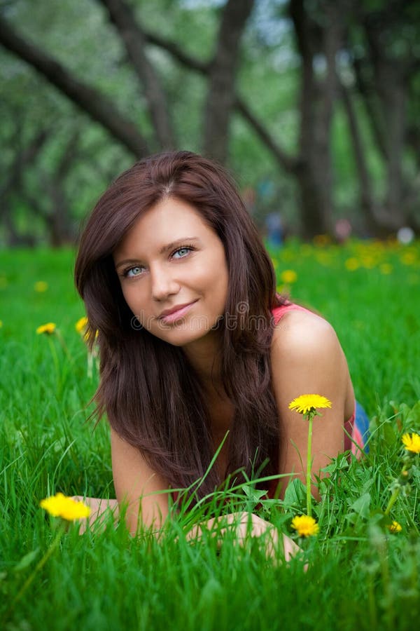 Beautiful Brunette Girl on the Grass Stock Image - Image of spring ...