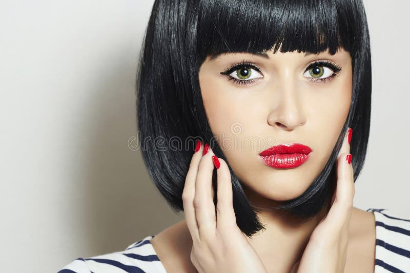 Retro Beautiful Brunette Woman Bob Haircut Red Lips Beauty Girl Stock