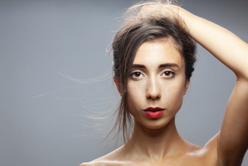 Beautiful Brunette Girl Studio Portrait. Serious Face Expression Stock ...