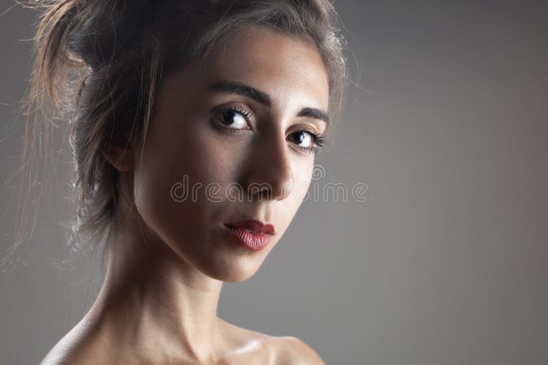 Beautiful Brunette Girl Studio Portrait. Serious Face Expression Stock ...