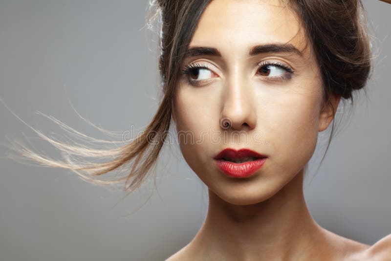 Beautiful Brunette Girl Studio Portrait. Serious Face Expression Stock ...