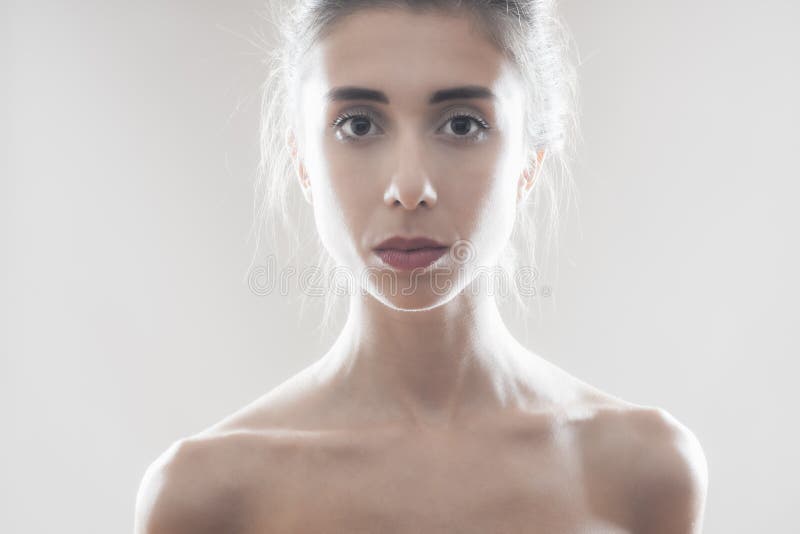 Beautiful Brunette Girl Studio Portrait. Serious Face Expression Stock ...