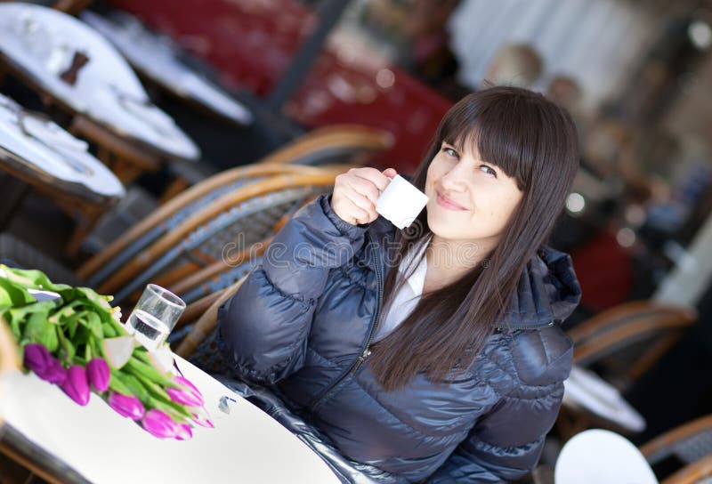 Beautiful Brunette Lady Drinking Coffee Stock Image - Image of flora ...