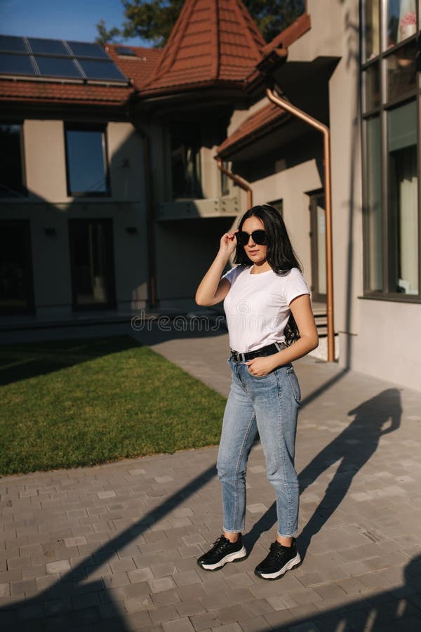 Beautiful Brunette Model Posing To Photographer Outdoors Stock Photo ...