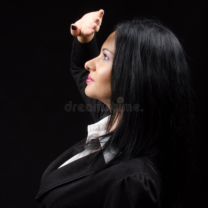 Beautiful Brunette with One Hand Up Stock Image - Image of people, face ...