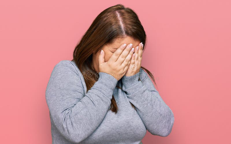 Beautiful Brunette Plus Size Woman Wearing Casual Clothes With Sad
