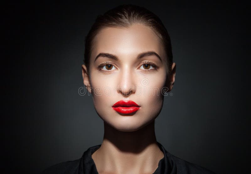 Beautiful Brunette with Red Lips Looking at Camera Stock Image - Image ...