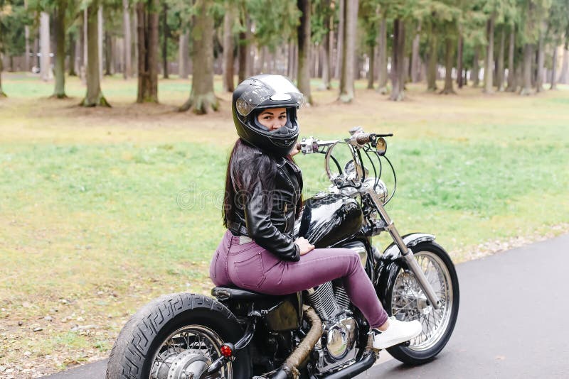 Beautiful Brunette Riding a Motorcycle in the Park Stock Image - Image ...