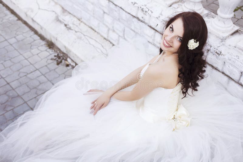 Beauty Black And White Portrait Brunette Bride Resting And Sitting On