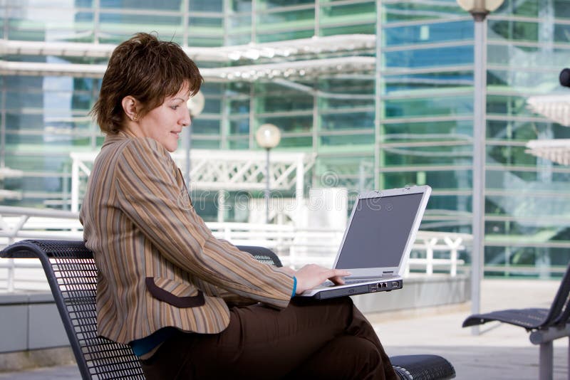 Beautiful Brunette Woman on Computer Stock Photo - Image of ...