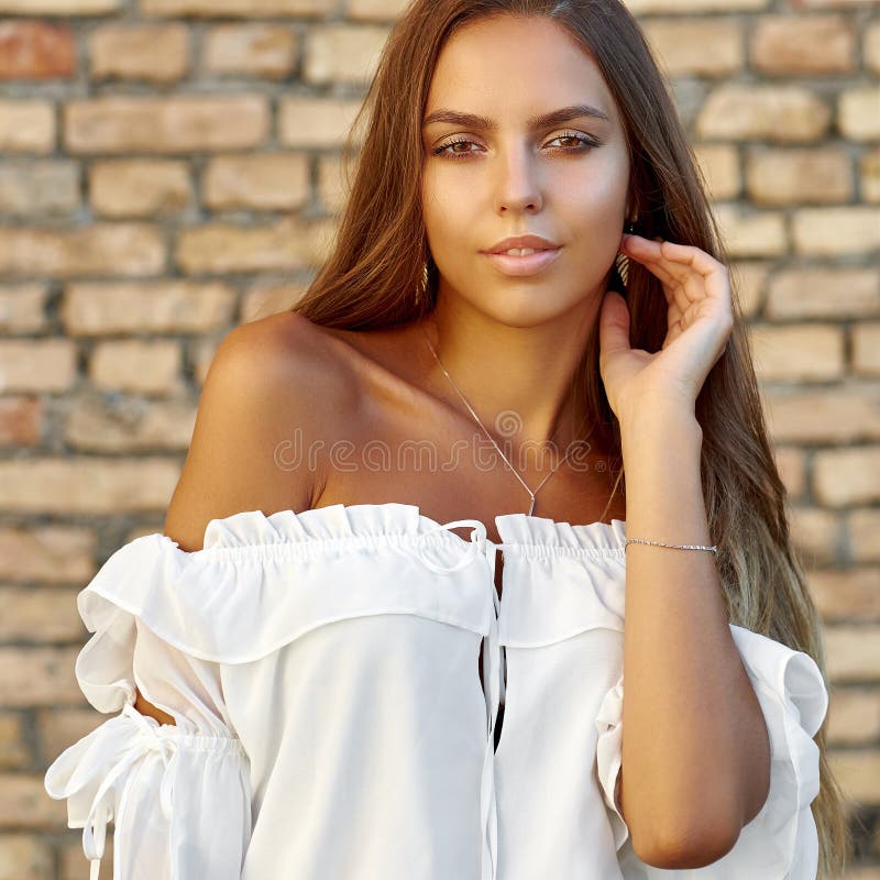 Seductive Beautiful Brunette Woman Outdoor Fashion Portrait Stock Image