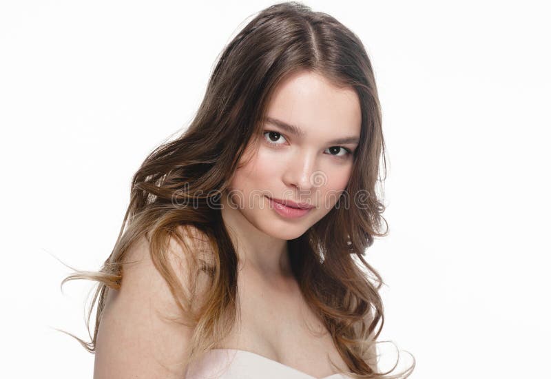 Beautiful Brunette Woman Portrait With Healthy Hair Clear Fresh Stock