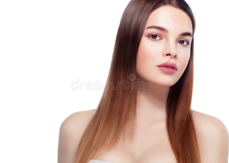 Beautiful Brunette Woman Portrait With Healthy Hair Clear Fresh Stock